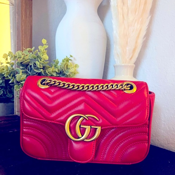 Source Unknown | Bags | Red Double Gg Leather Gold Chain Link Crossbody ...